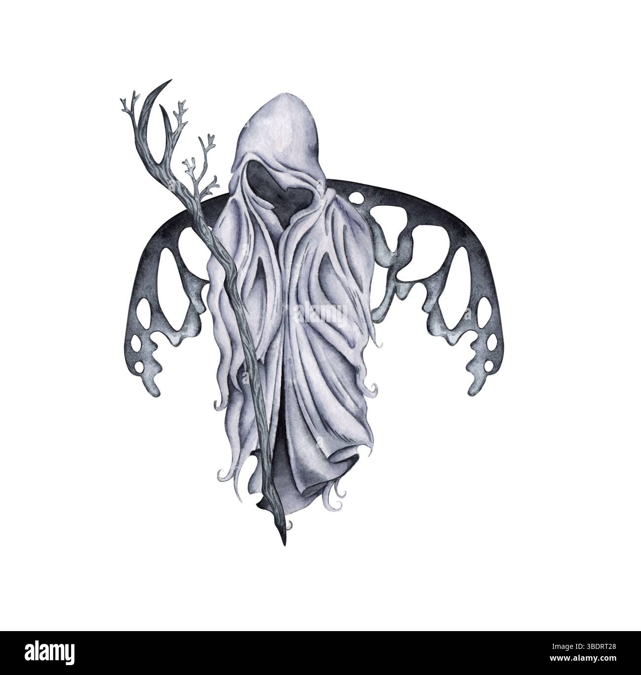Ghost of death, in black robe, reaper in rags with staff and wings ...