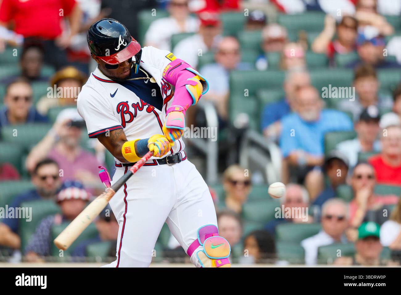 Atlanta Braves' Ronald Acuña Jr. (13) connects the ball for a double ...