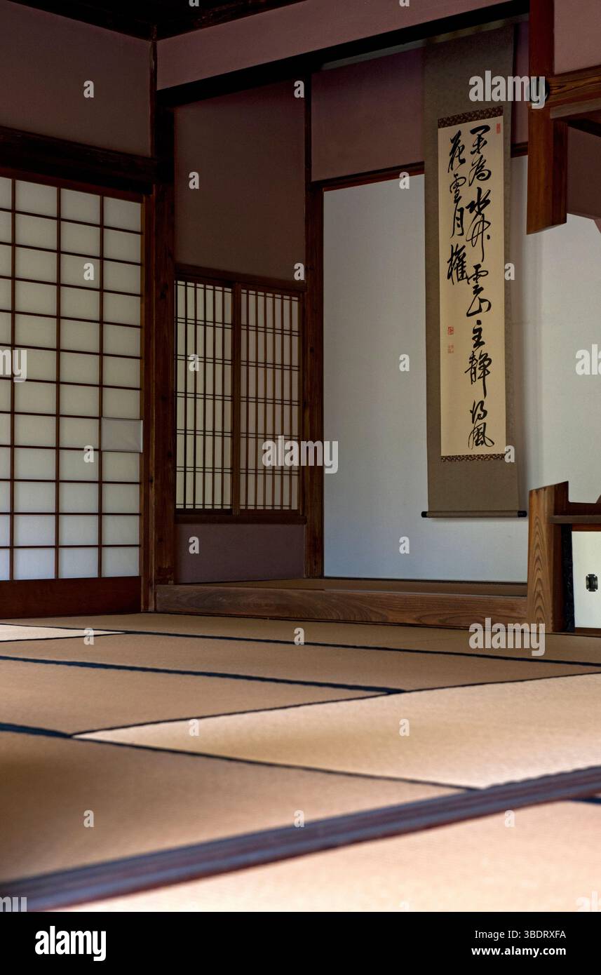 Interior of Hanbuchikan Japanese teahouse with tatami mat floor, shoji ...