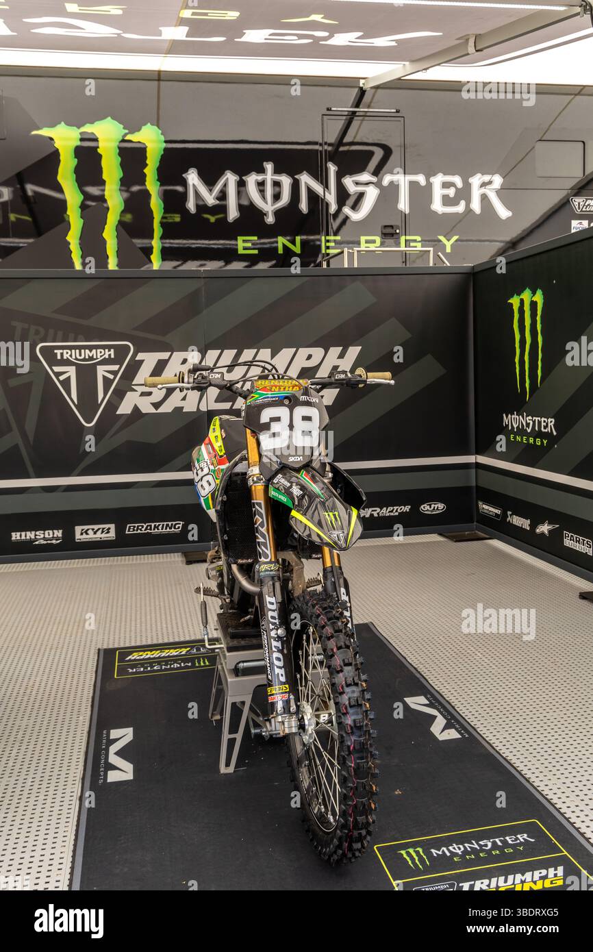 Winchester, UK- October 5, 2024: Triumph Racing pit with Monster Energy ...