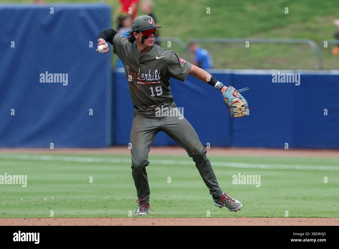 HOOVER, AL - MAY 25: Vanderbilt infielder Rustan Rigdon (19) throws out ...