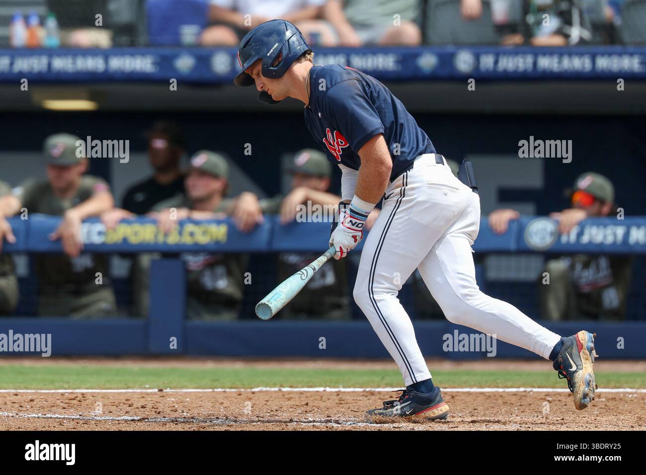 HOOVER, AL - MAY 25: Ole Miss infielder Brayden Randle (1) hangs his ...