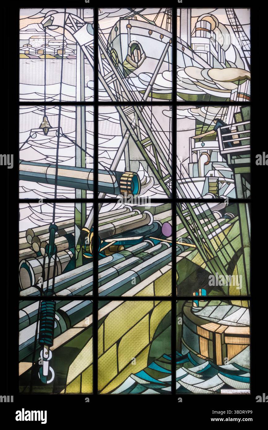 Nancy, France - View of the stained glass windows of the main staircase ...