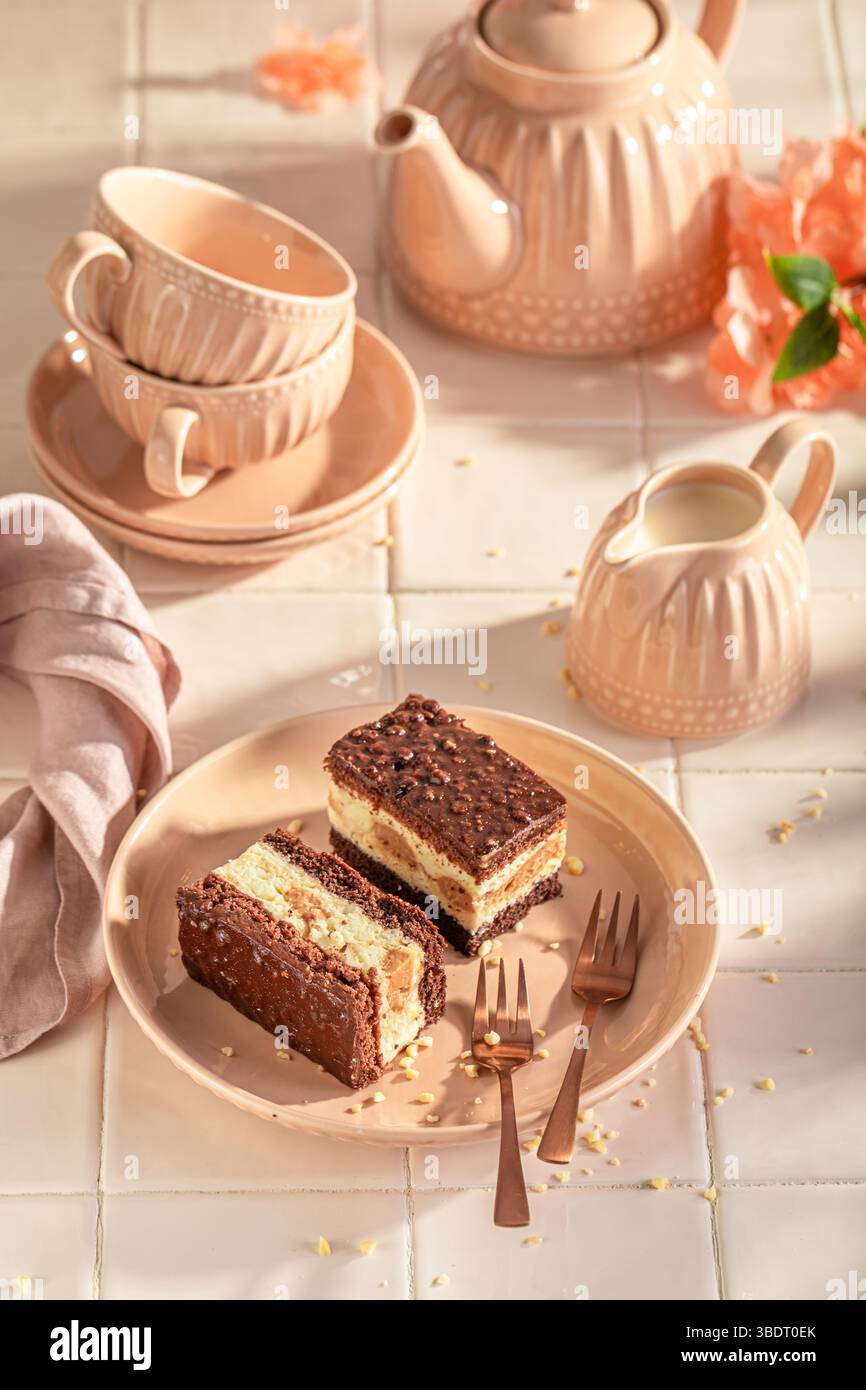 Sweet sponge cake with fluffy cream layer and glaze. Sponge cake with ...