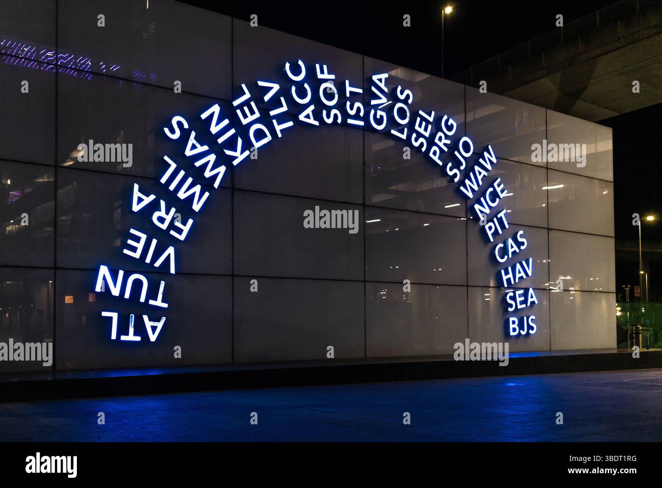 Heathrow Airport, UK. April 2025. The illuminated IATA airport codes ...