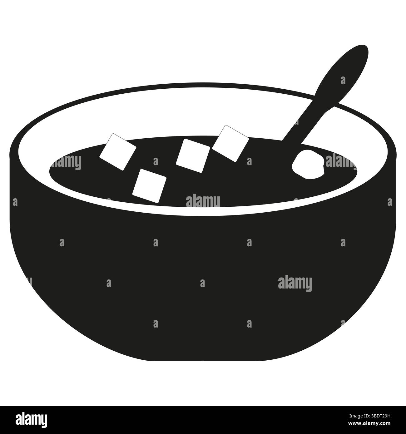 Silhouette food bowl. Spoon inside shape. Cubes in liquid. Dark vector ...