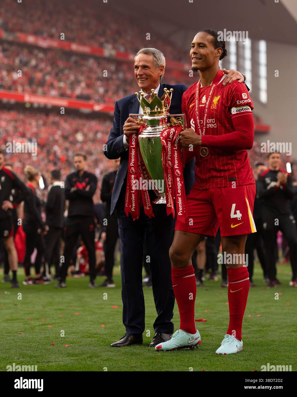 Anfield, Liverpool on Sunday 25th May 2025. Liverpool's Virgil van Dijk ...