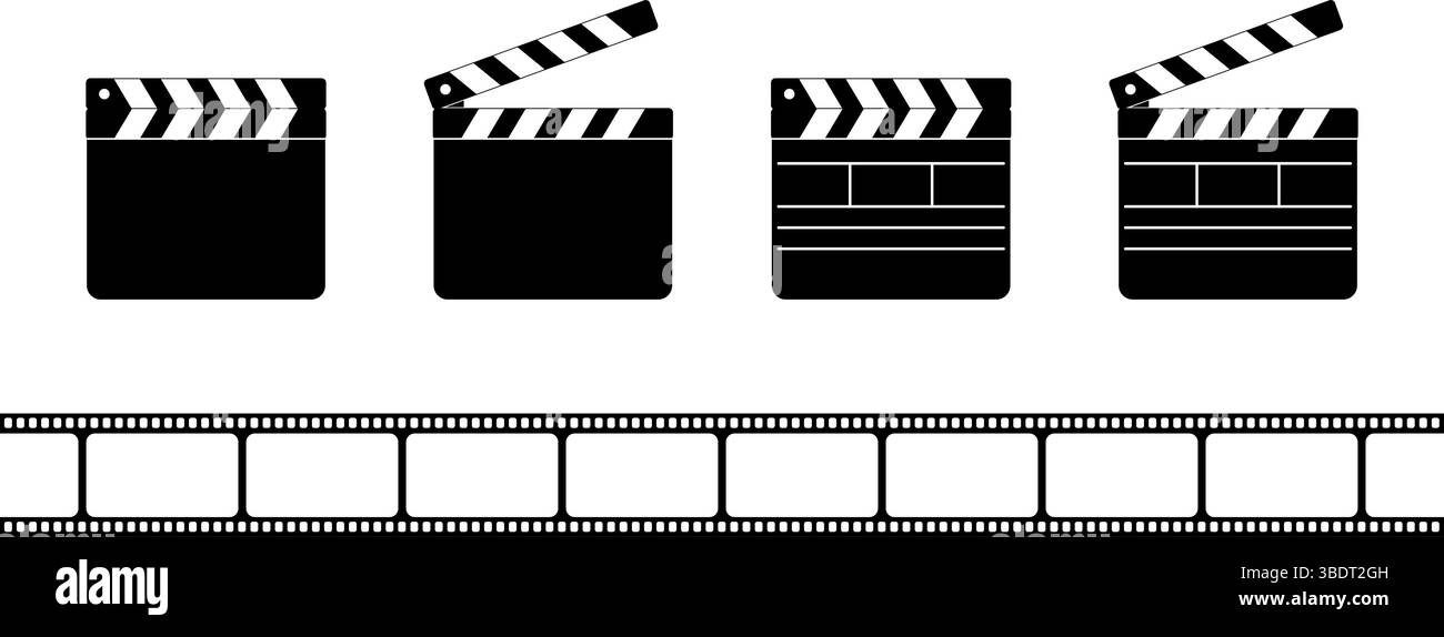 Clapper board icons and film strip isolated on white background. Closed ...