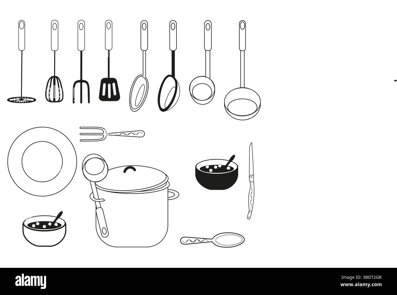 Utensils and dishes. Cooking pot in center. Organized food icons. Clean ...