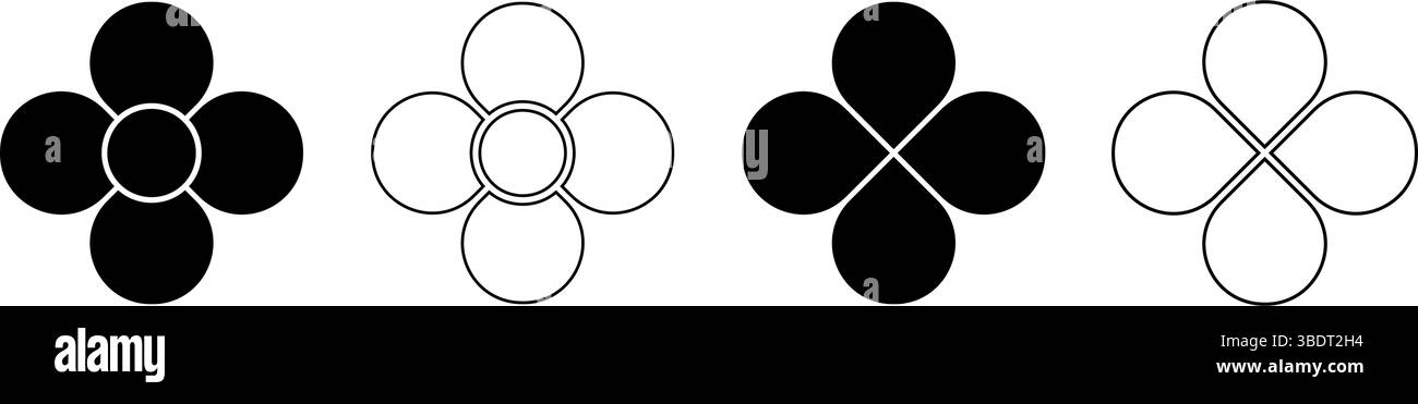 Set of flowers with 4 petals and core. Floral pie charts divided on ...