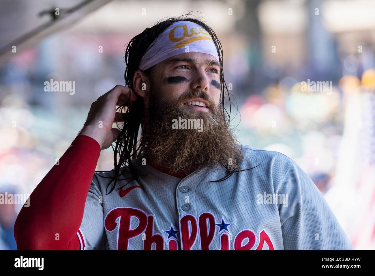 Philadelphia Phillies outfielder Brandon Marsh wets his hair in the ...