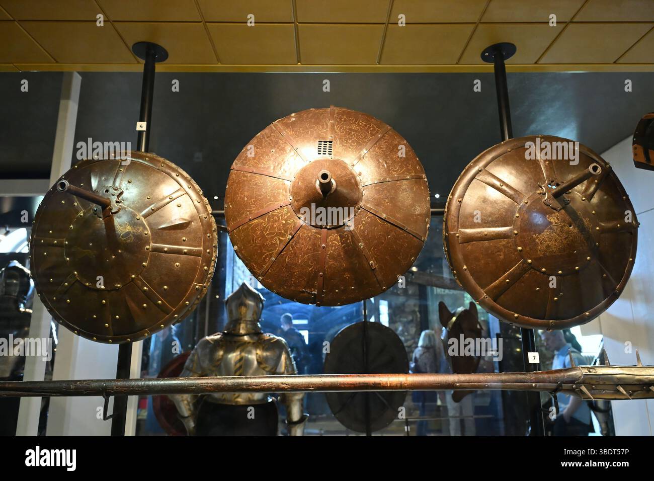 Three jousting shields on display at The Tower of London Stock Photo ...