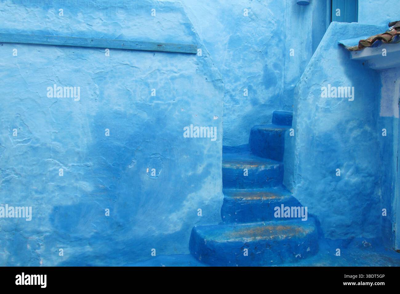 Chefchaouen blue city, Morocco. Stairs and colorful vibrant flower pots ...