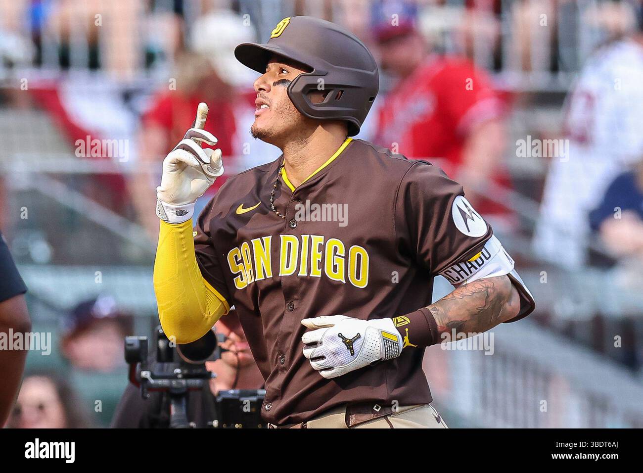 San Diego Padres' Manny Machado reacts after hitting a solo home run in ...