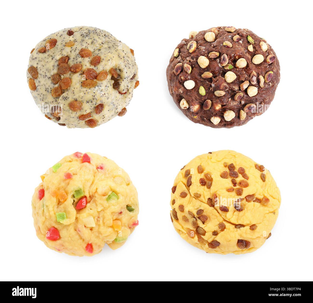 Different types of dough isolated on white, set. Top view Stock Photo ...