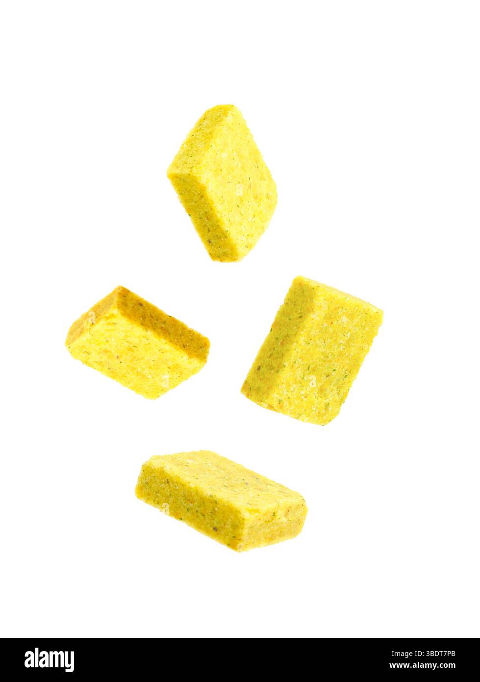 Bouillon cubes in air on white background Stock Photo - Alamy