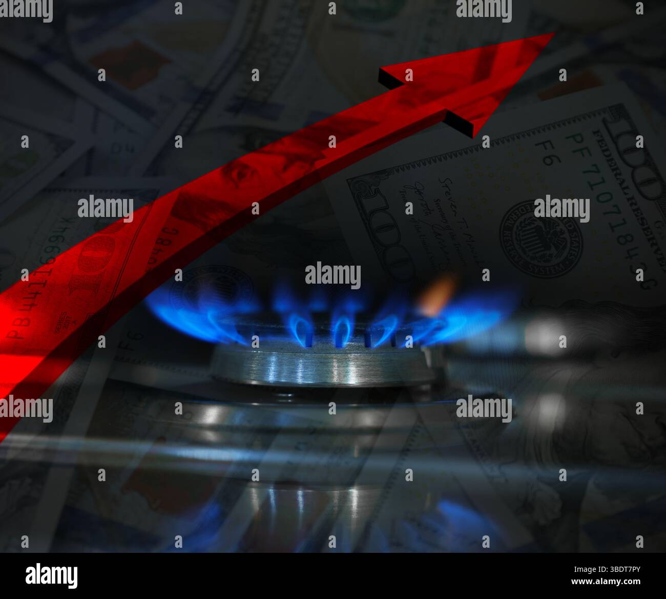 Gas burner with blue flame, red arrow and dollar bills, double exposure ...