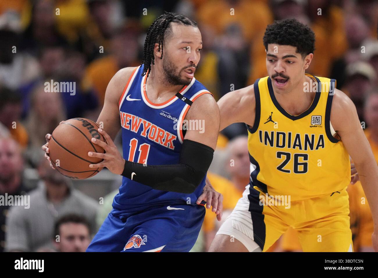 New York Knicks guard Jalen Brunson (11) is defended by Indiana Pacers ...