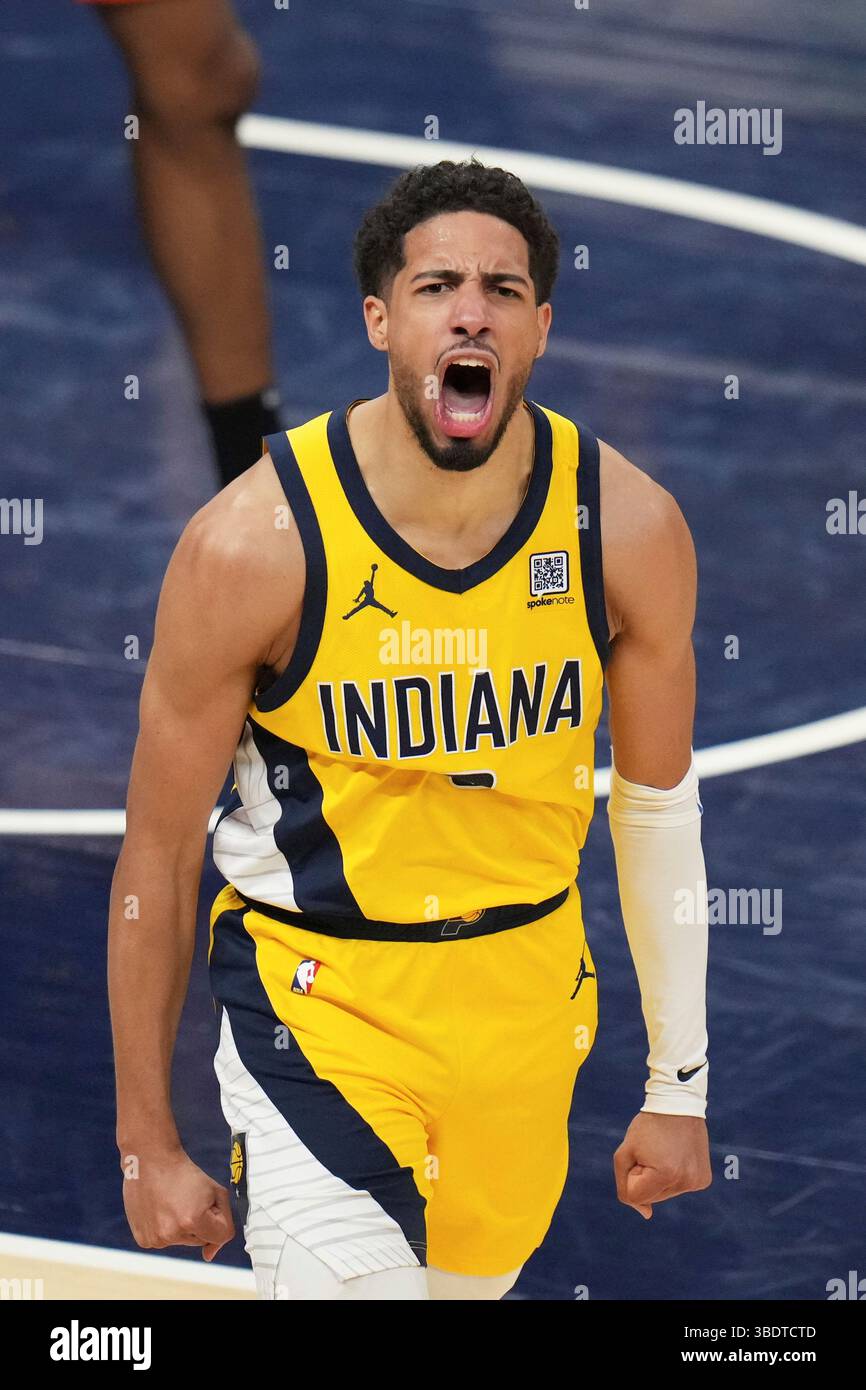 Indiana Pacers guard Tyrese Haliburton celebrates during the first half ...