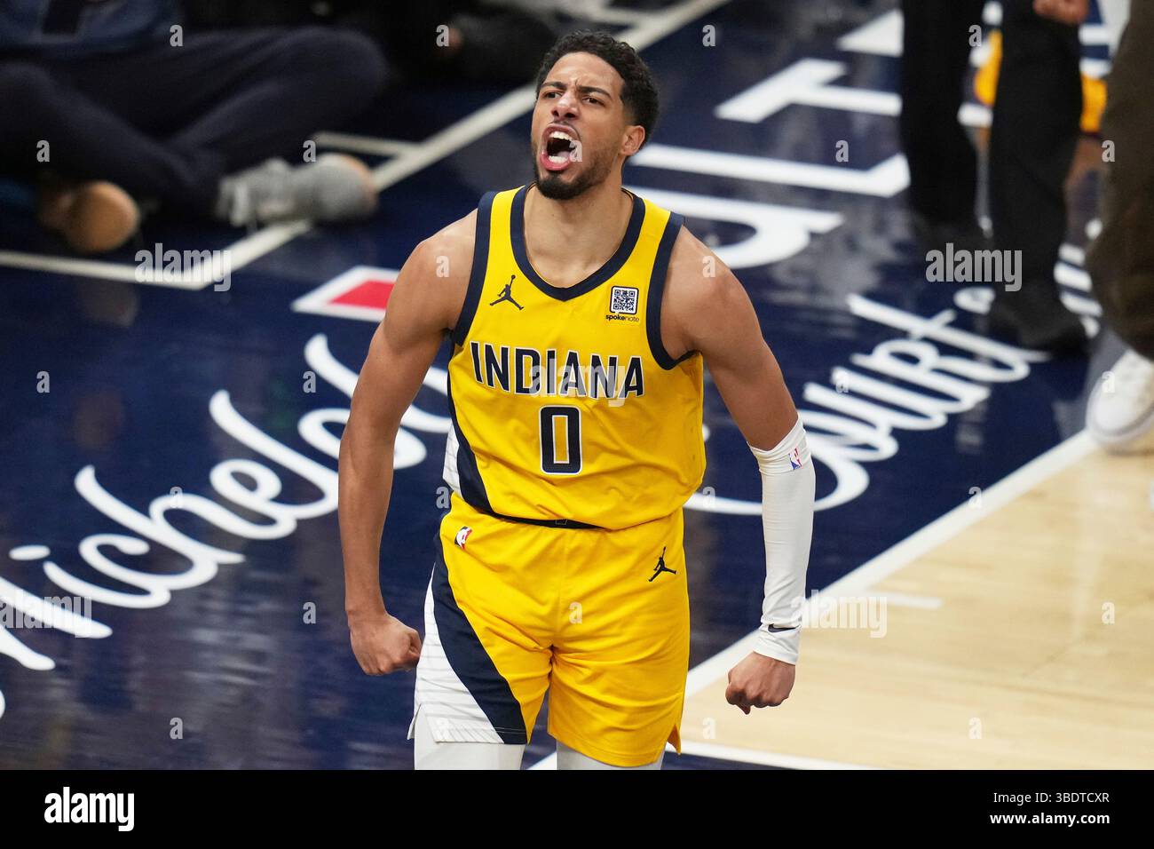 Indiana Pacers guard Tyrese Haliburton celebrates during the first half ...