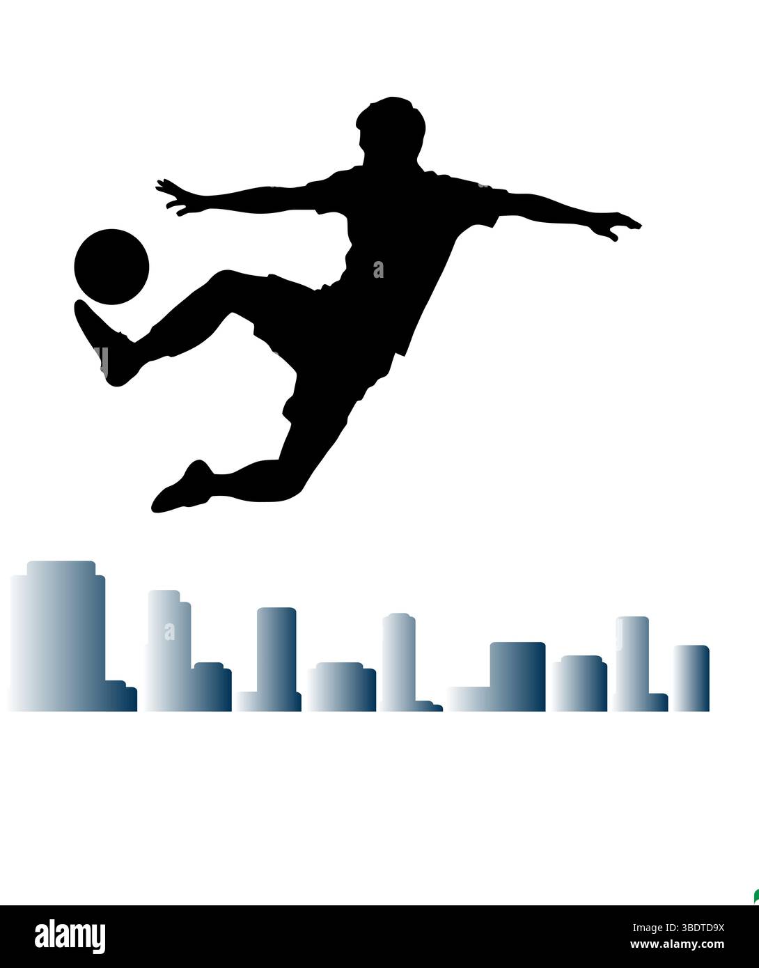 Soccer Player Kicking Ball Mid Air Silhouette Vector with City Skyline ...