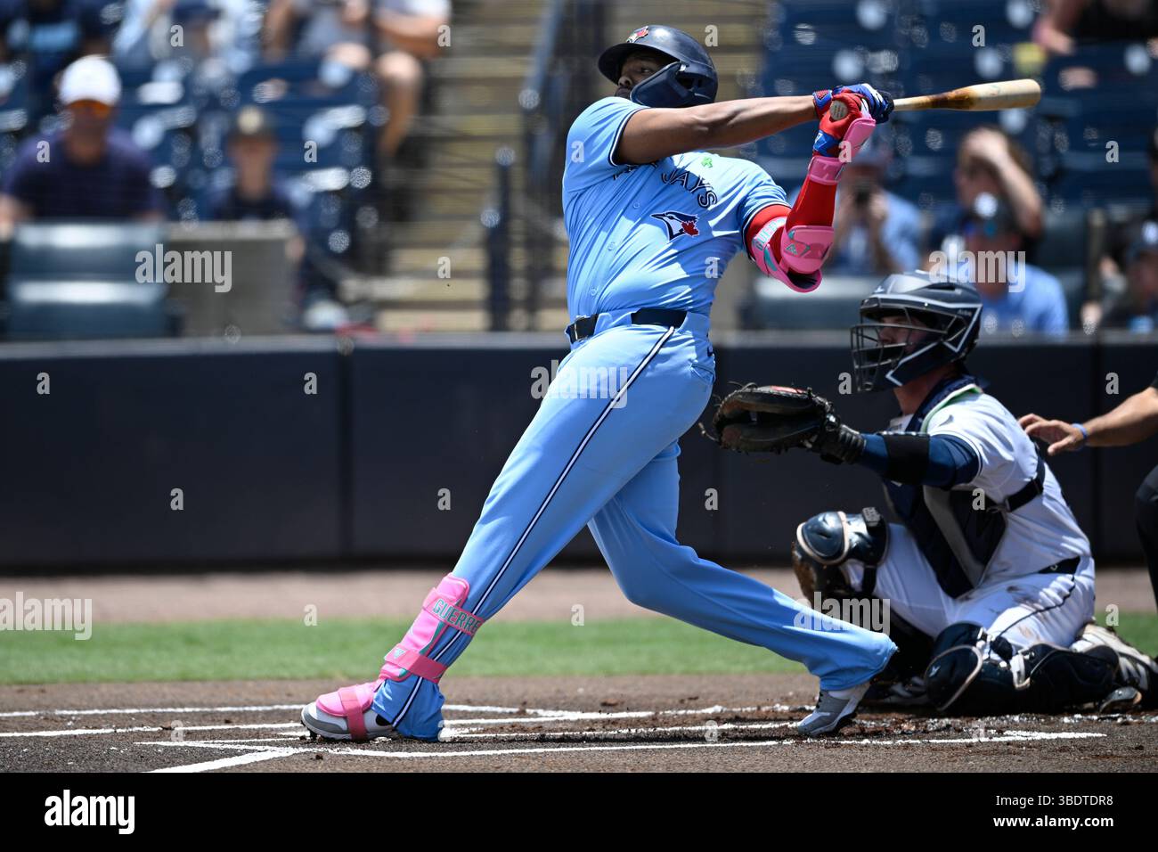 Toronto Blue Jays' Vladimir Guerrero Jr. watches the flight of the ball ...