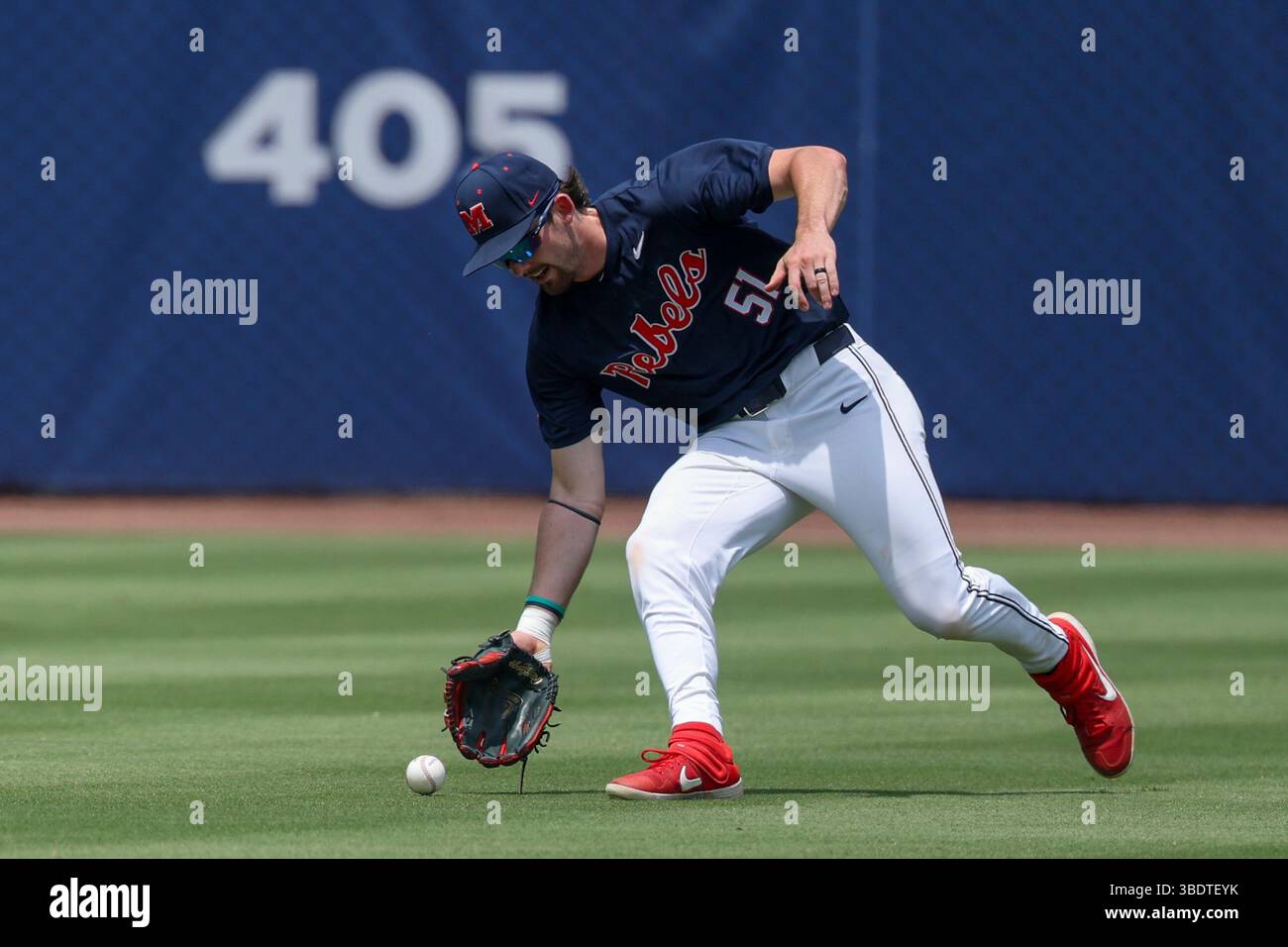 HOOVER, AL - MAY 25: Ole Miss outfielder Isaac Humphrey (51) fields a ...