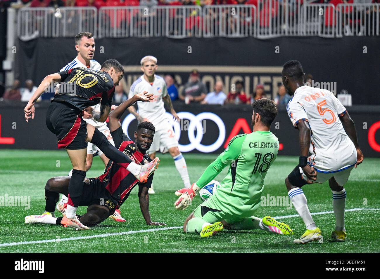 ATLANTA, GA – MAY 25: Roman Celentano #18 of FC Cincinnati blocks the ...