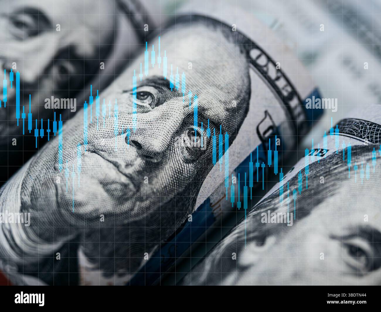 Blue candle stick, stock market, currency trading graph on Benjamin ...