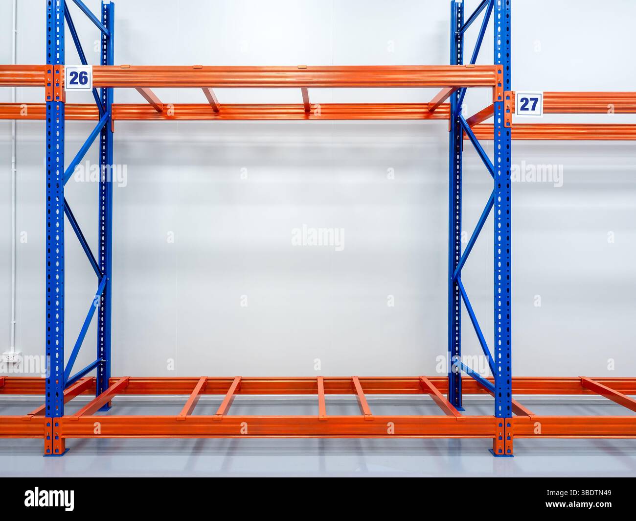 Empty red and blue metal warehouse rack, steel shelves with number ...