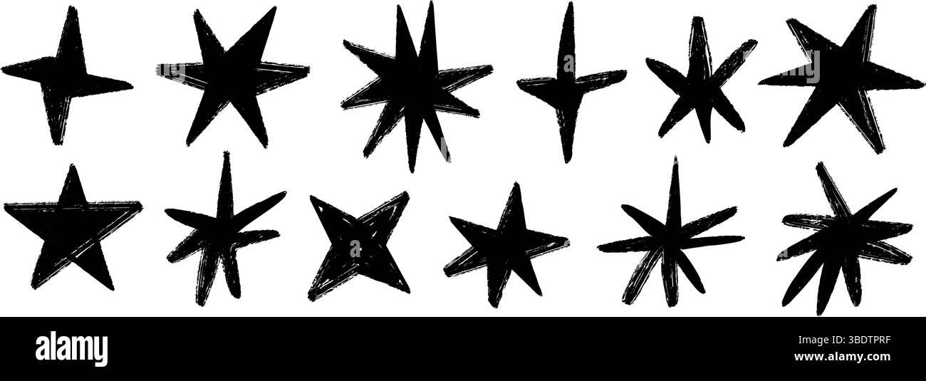 Black crayon hand drawn stars and sparkles set. Childish doodled sparks ...