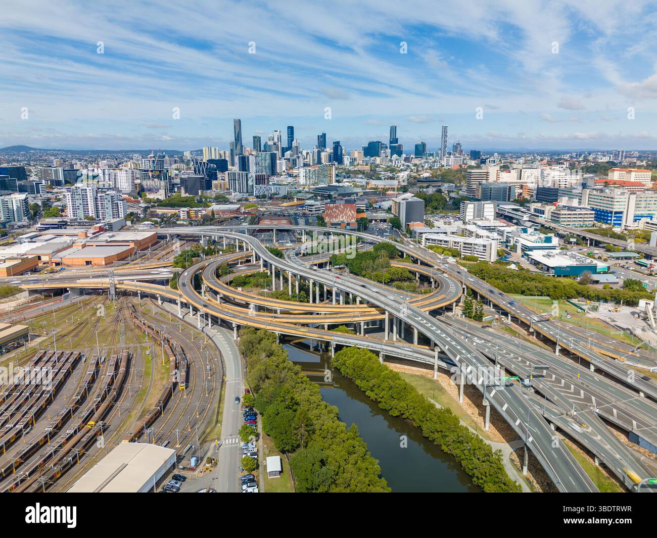 Aerial view of Brisbane city and highway traffic in daytime Stock Photo ...