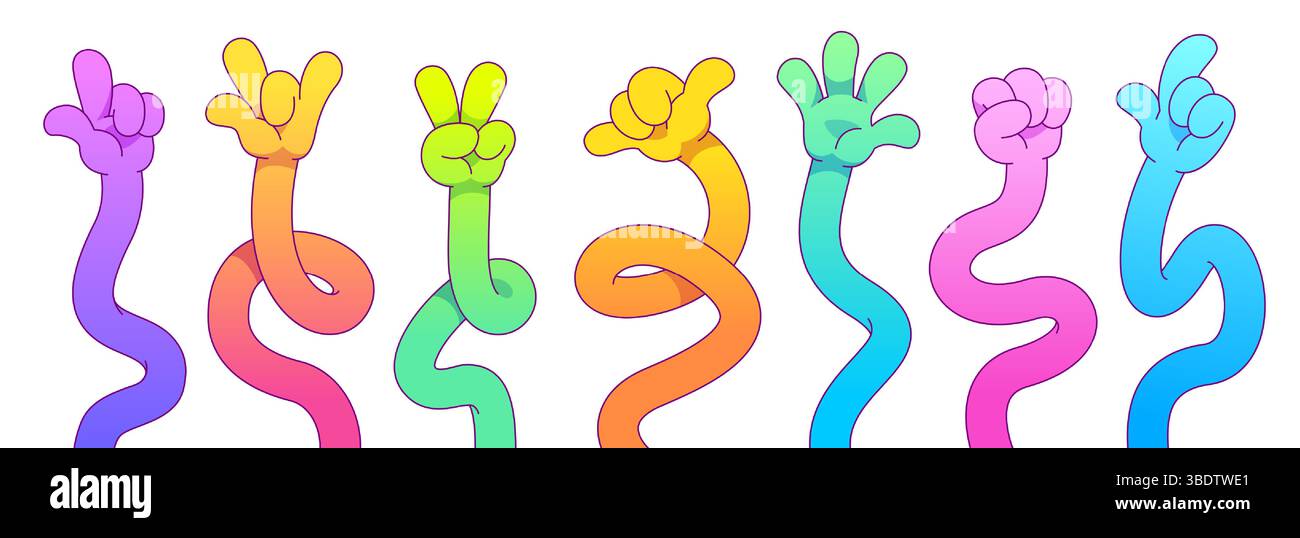 Cartoon hands gesture set - flexible multicolored arms, posing bending ...