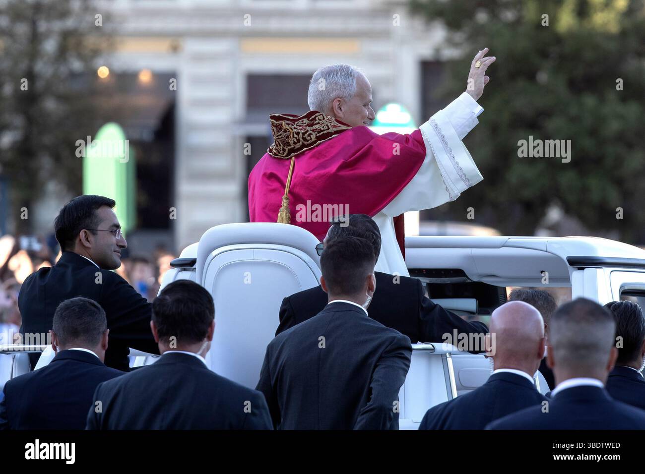 Rome, Italy. 25th May, 2025. Pope Leo XIV leaves in the popemobile ...