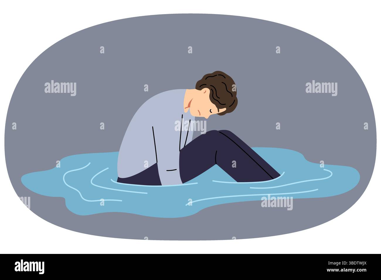 Depressed man sits in puddle of tears, feeling apathy after breaking up ...