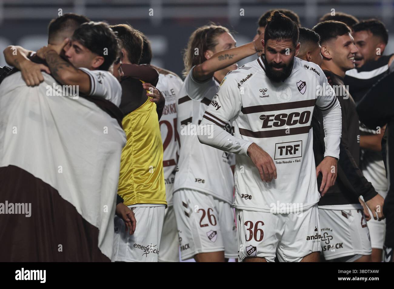 Buenos Aires, Argentina, on May 25, 2025. Platense’s players celebrate ...