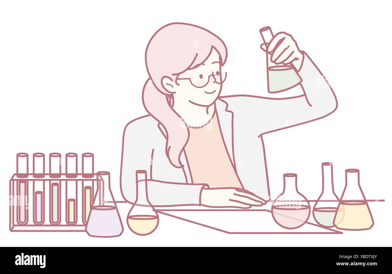 A female scientist in a lab examines test tubes and flasks ...