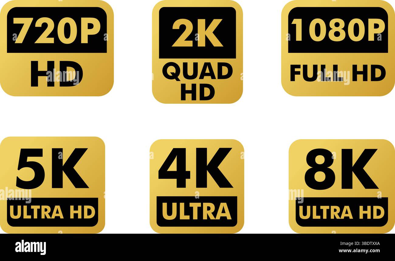 HD Video Resolution Logos: 720p, 2K, 1080p, 5K, 4K, 8K Vector Set Stock ...