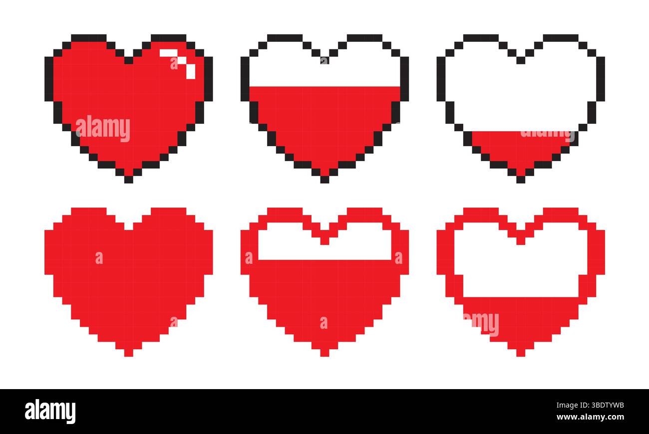 Pixel hearts icon set. 8 bit health game life bar Stock Vector Image ...