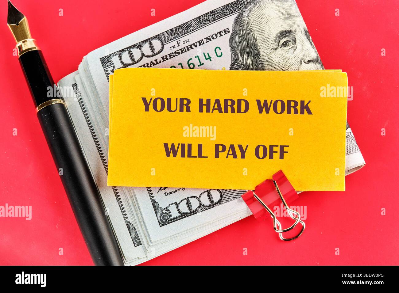 Concept of building success foundation. Text YOUR HARD WORK WILL PAY ...