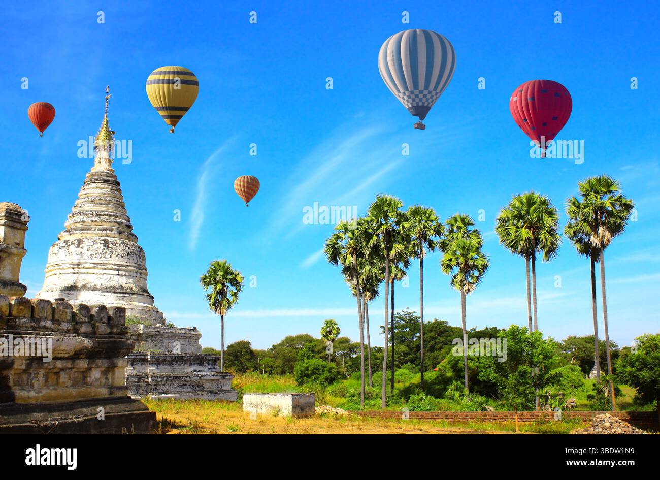 Balloon flight, famous tourist attraction of Bagan, Myanmar. Air ...