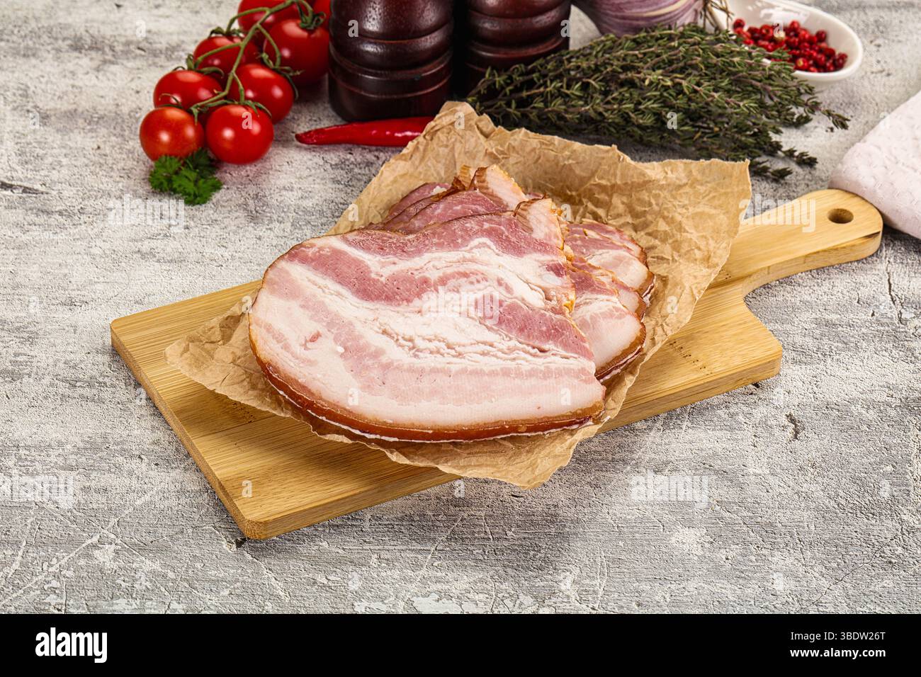 Smoked pork belly slices fat snack Stock Photo - Alamy