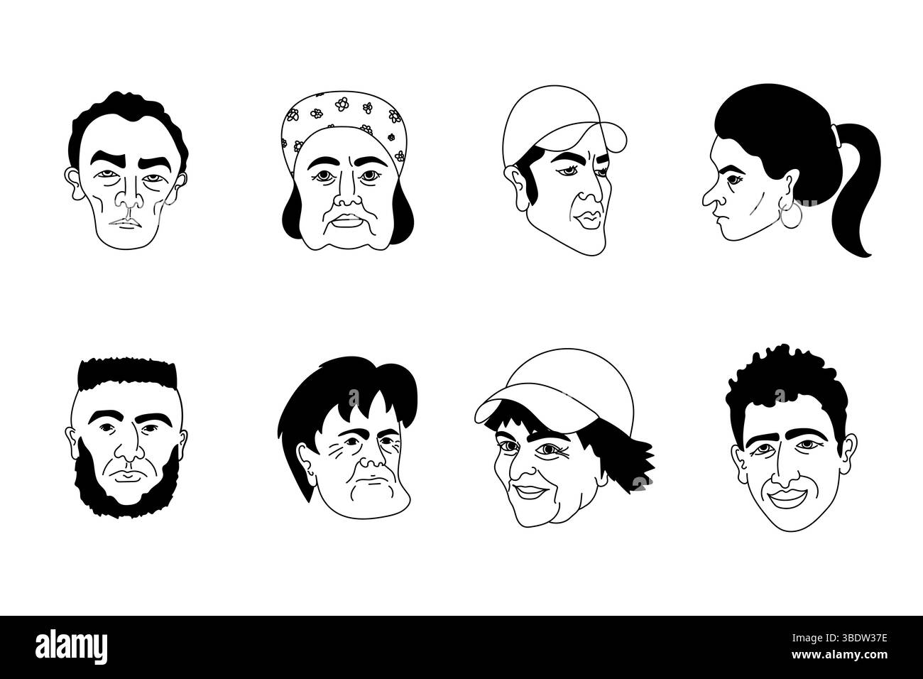 Characters heads in a simple black and white line art style, different ...
