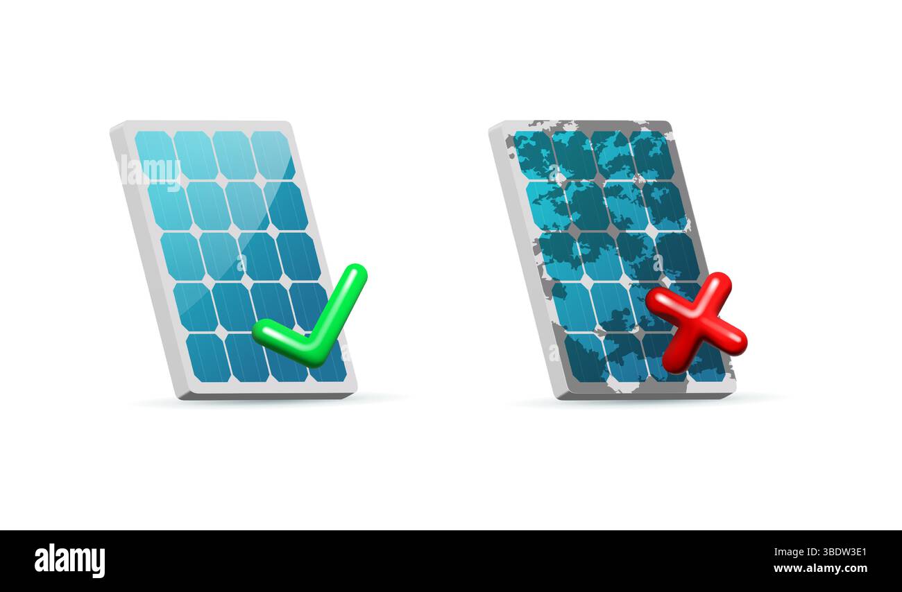 Two solar panels, clean with a green check mark and dirty with a red ...