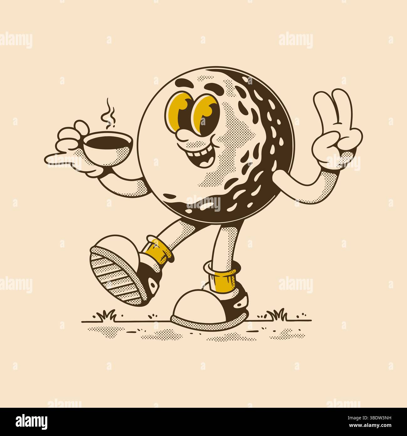 Vintage cartoon golf ball mascot holding a cup of coffee with peace ...