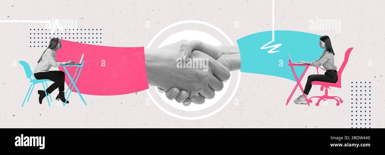 Banner. Surreal art collage. Handshake through screen represents ...