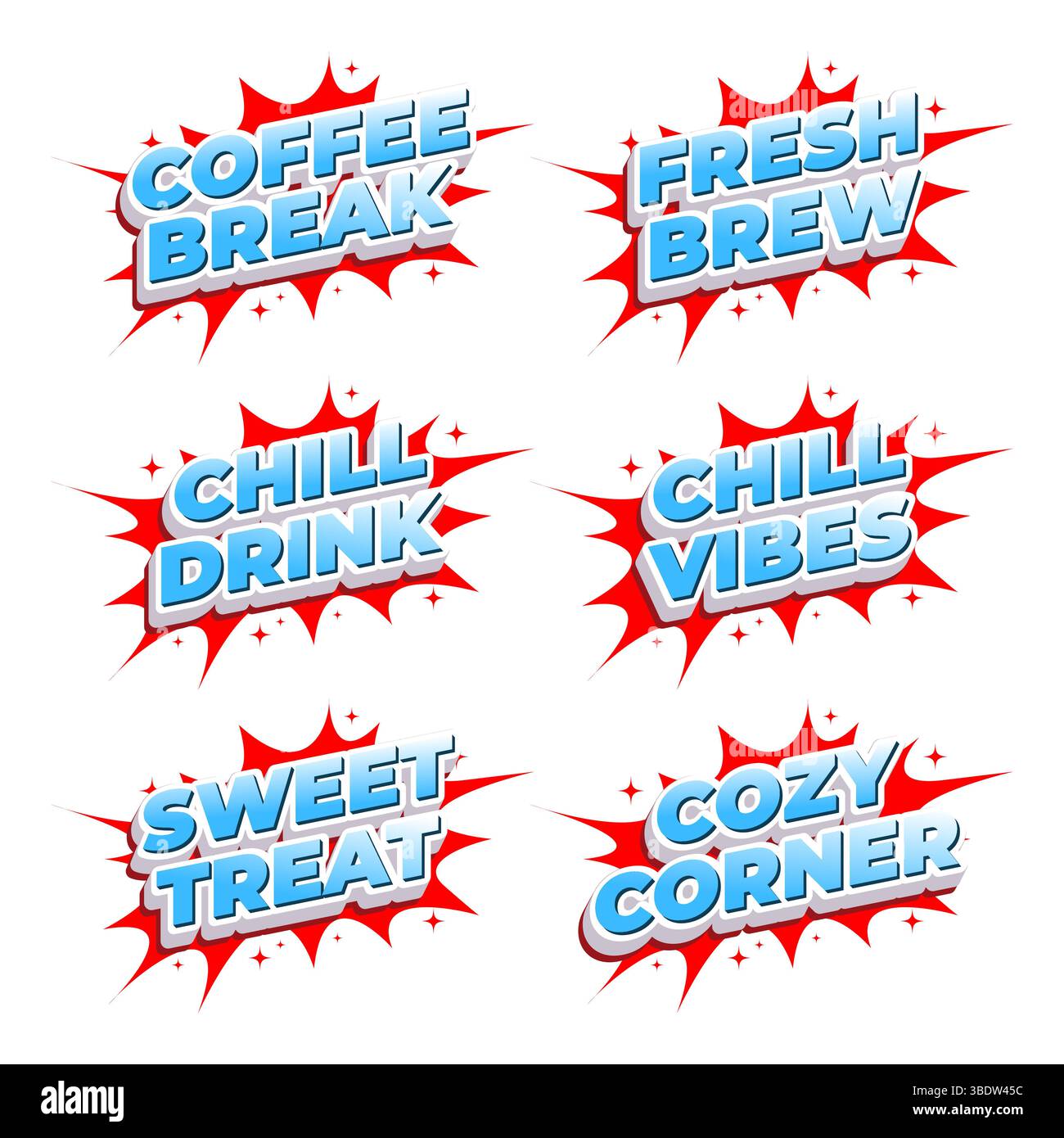 Six fun coffee shop quotes in bright comic design style Stock Vector ...
