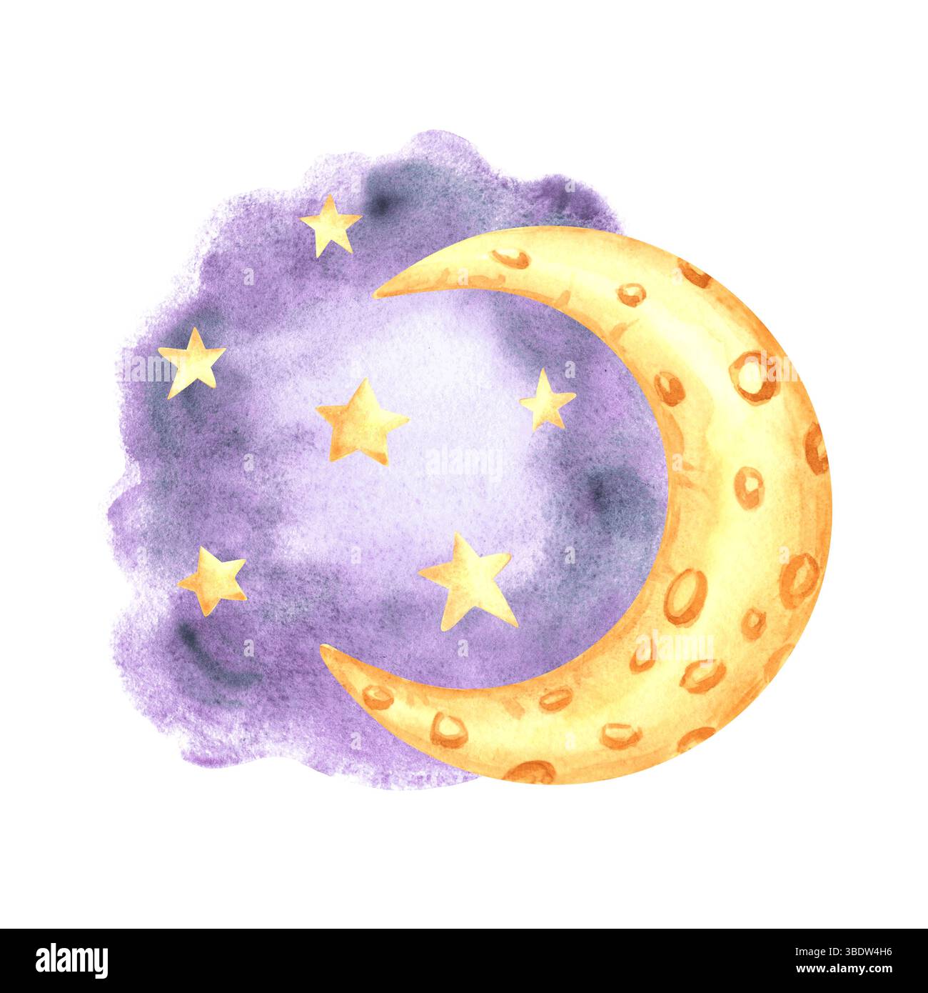 Yellow crescent moon with stars in night purple sky watercolor isolated ...