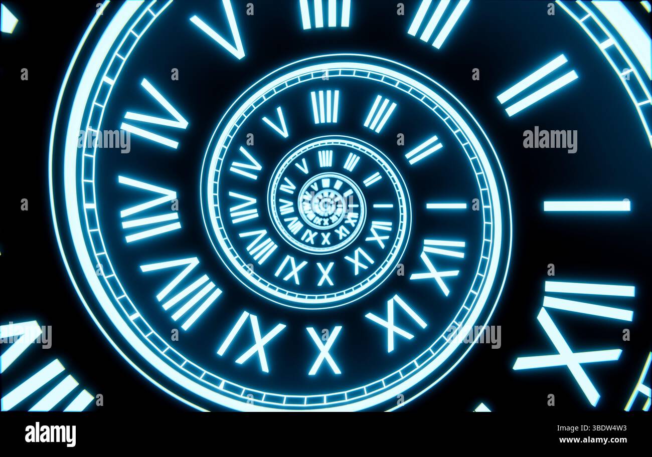 Glowing Neon Spiral Clock, Dark Time Concept Background Stock Photo - Alamy