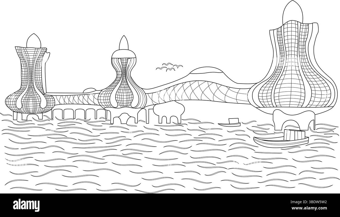 Black and white line art drawing depicting the futuristic Aladdin City ...